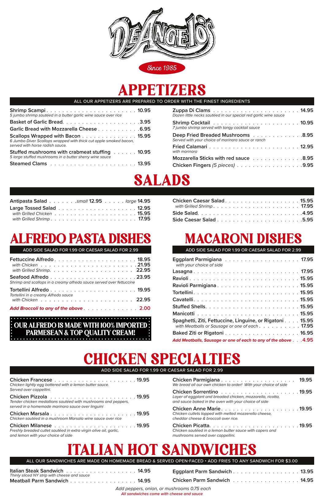 Menu at De Angelo's Ristorante restaurant, Schenectady