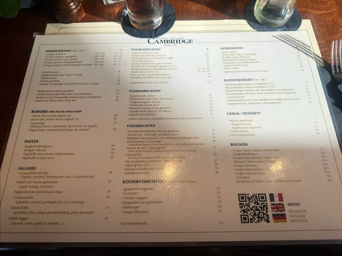 Menu au De Cambridge restaurant, Knocke-Heist