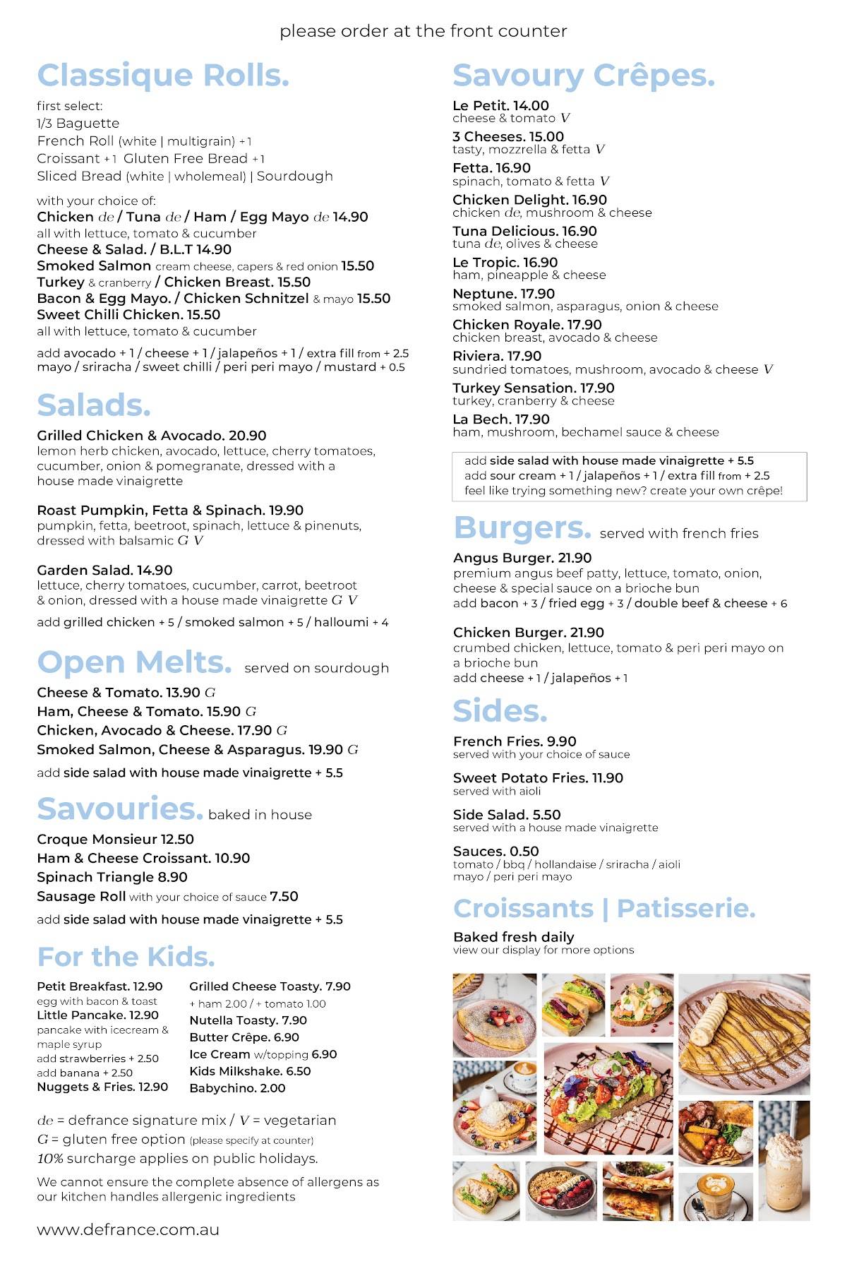 Menu at DeFrance Miranda cafe, Miranda
