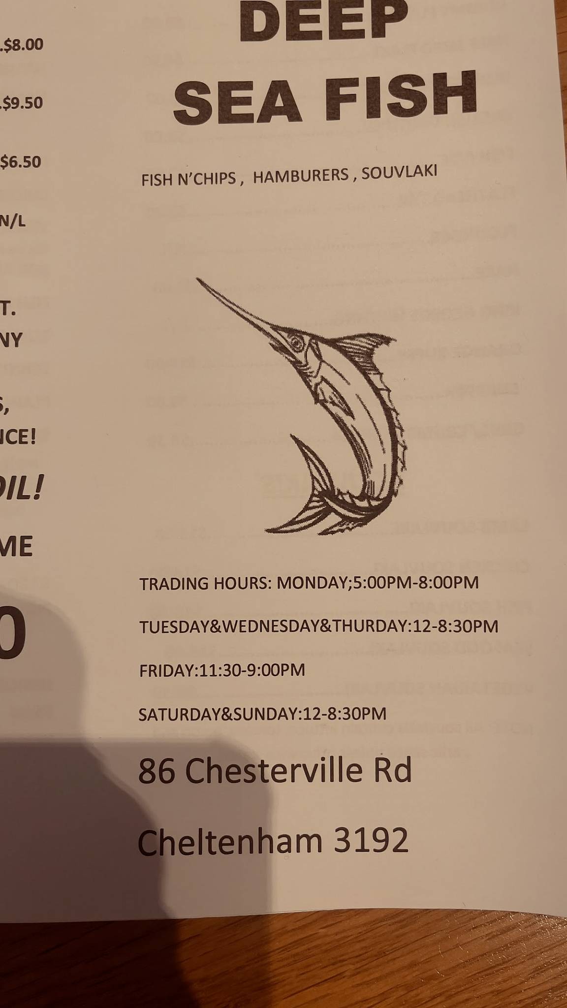 Menu at Deep Sea Fish fast food, Cheltenham