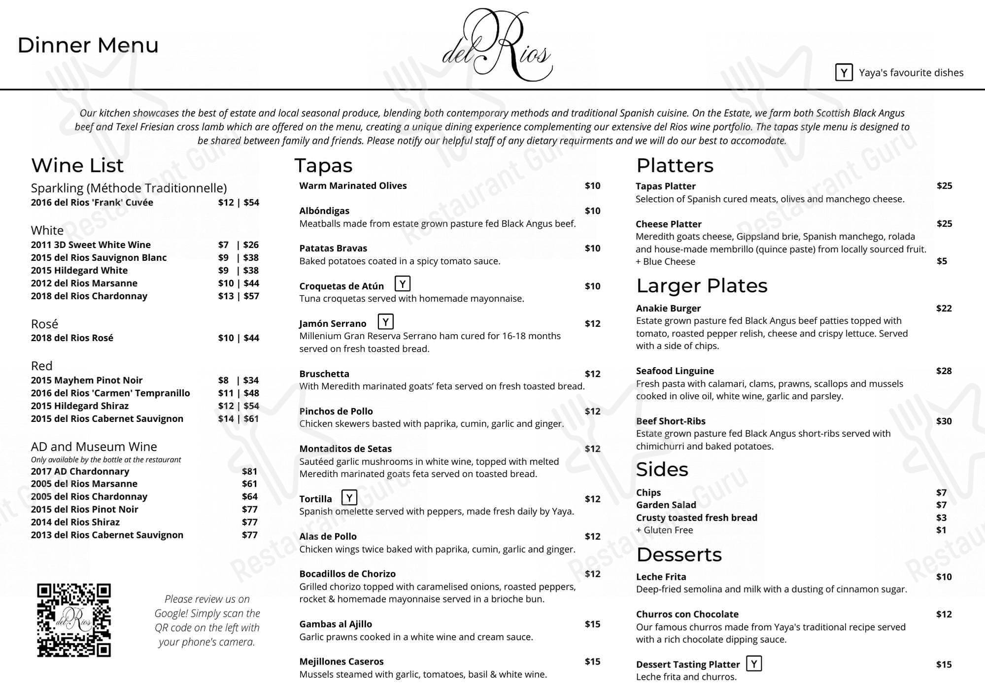 Menu at del Rios Winery and Restaurant, Anakie