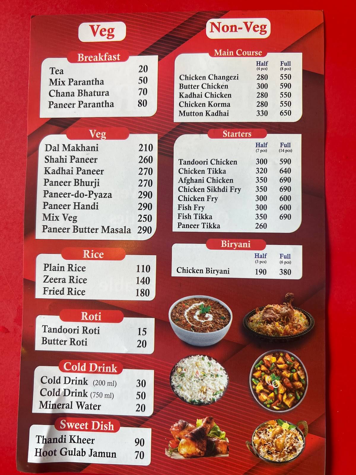 Menu at Delhi Darbar, Shimla