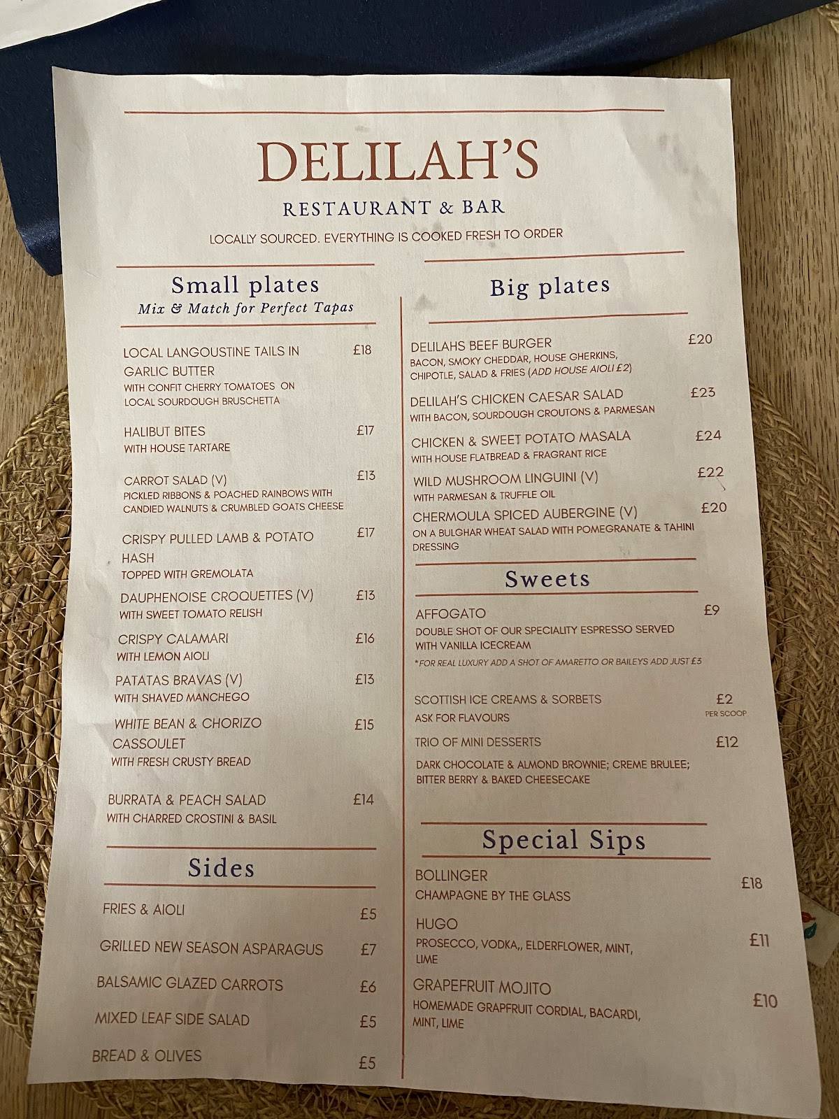 Menu at Delilah's restaurant, Lochinver