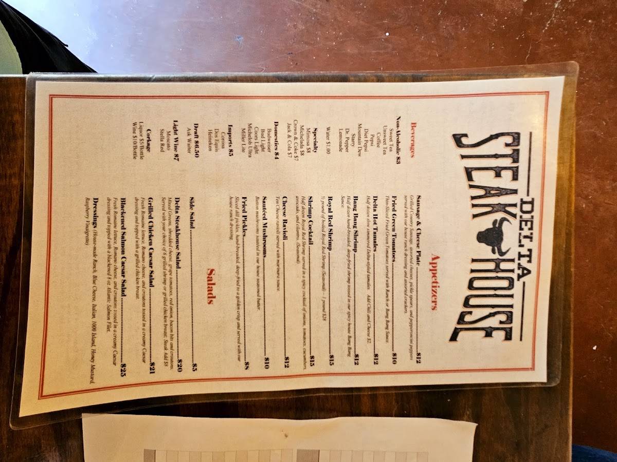 Menu at Delta Steakhouse, Senatobia