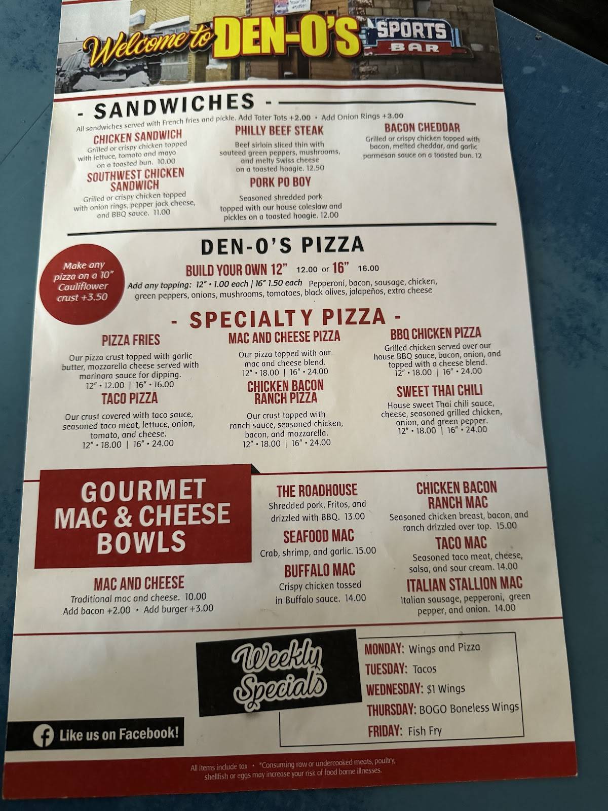 Menu at Den-O's Sports Bar, Wakefield