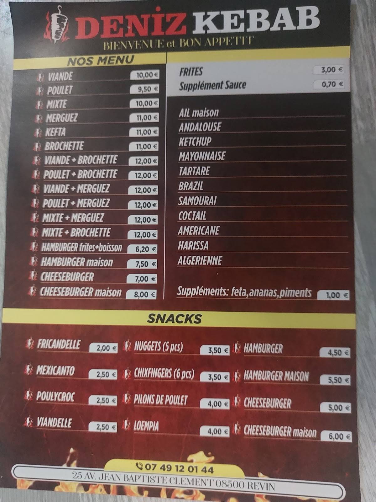 Menu au Deniz kebab restaurant, Revin
