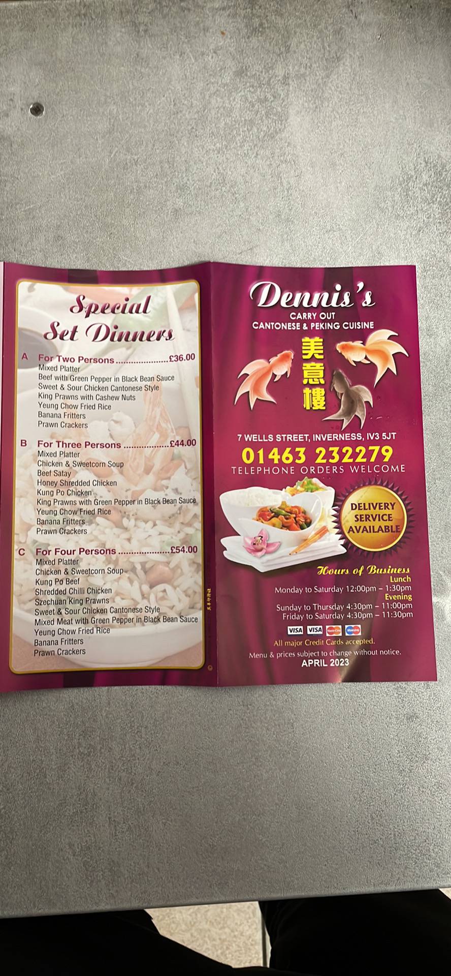 Menu at Dennis's Chinese Takeaway fast food, Inverness