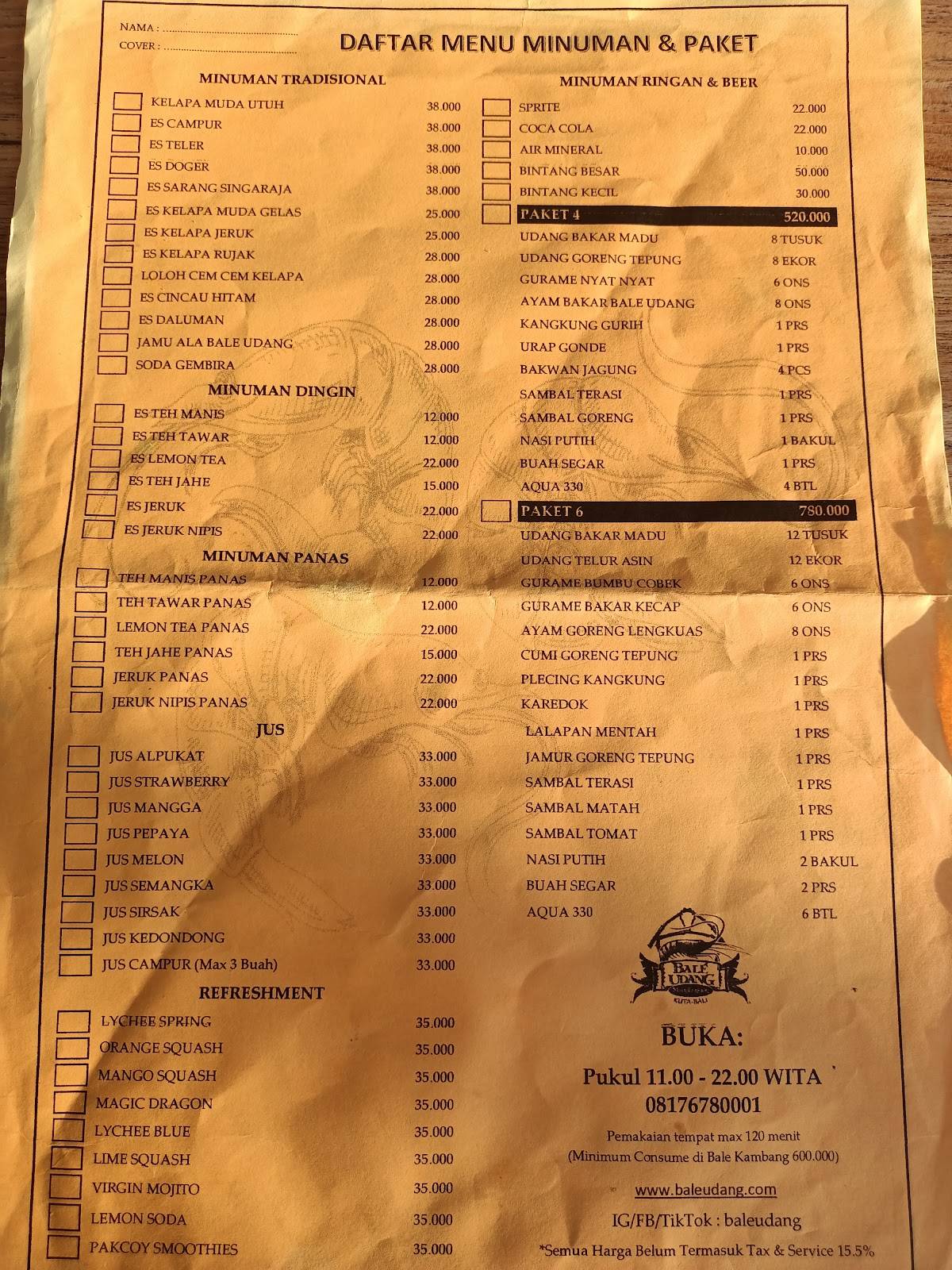 Menu at Bale Udang Mang Engking Kuta restaurant, Denpasar