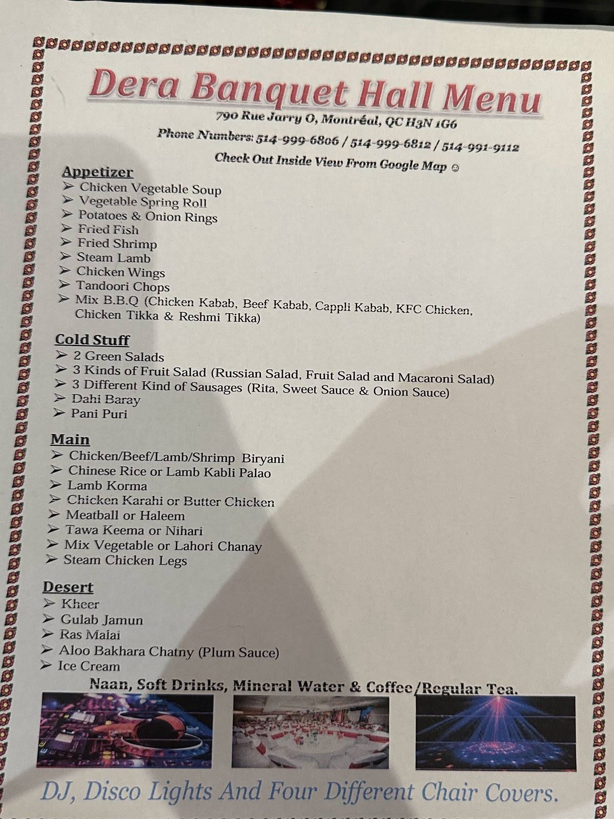 Menu at Dera Restaurant, Montréal, 790 Jarry St W