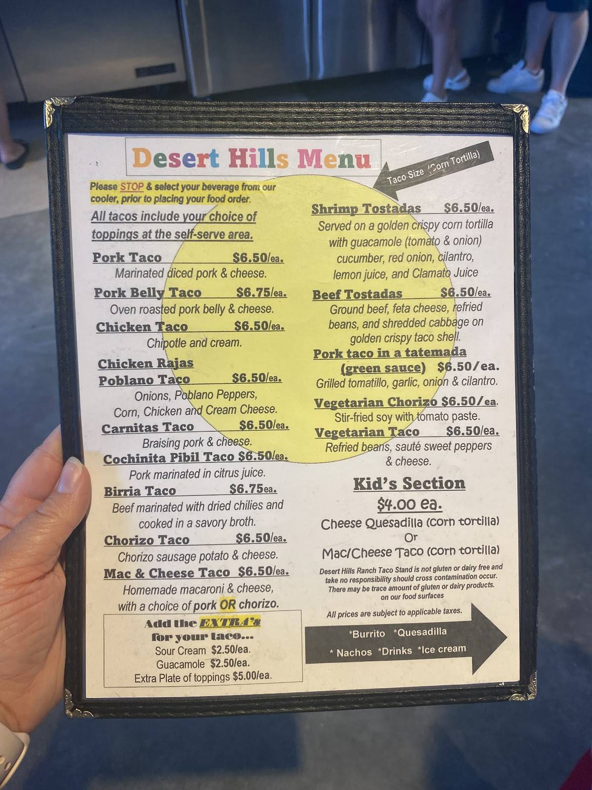 Menu at Desert Hills Ranch Taco Stand restaurant, Cache Creek