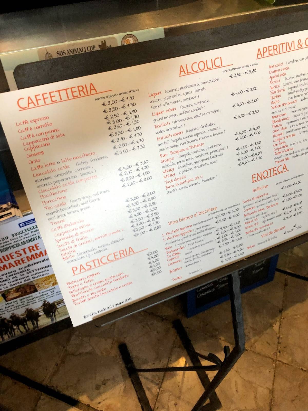 Menu da Pasticceria Bar Ciro, Castiglione della Pescaia