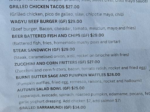 Menu at Zephyr Cafe, East Fremantle