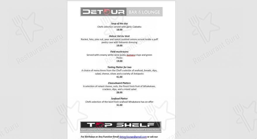 Menu at Detour Bar, Lounge And Restaurant, Whakatane