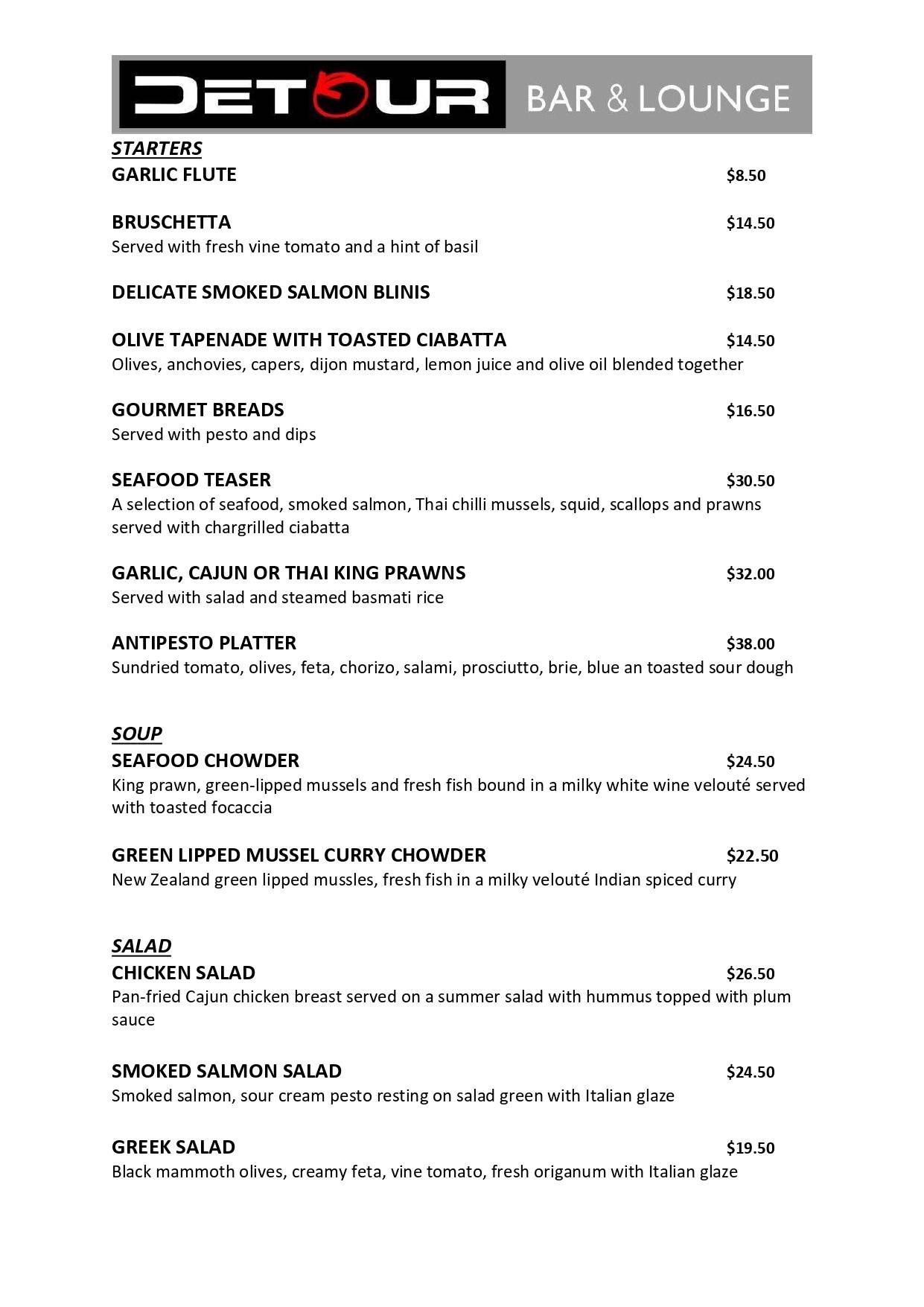 Menu at Detour Bar, Lounge And Restaurant, Whakatane
