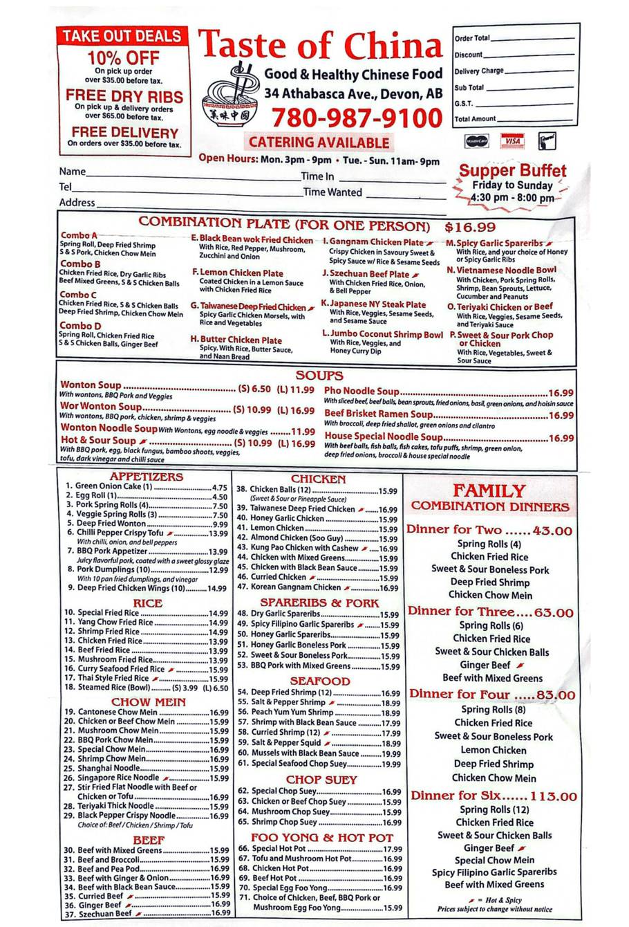 Menu au Taste of China restaurant, Devon