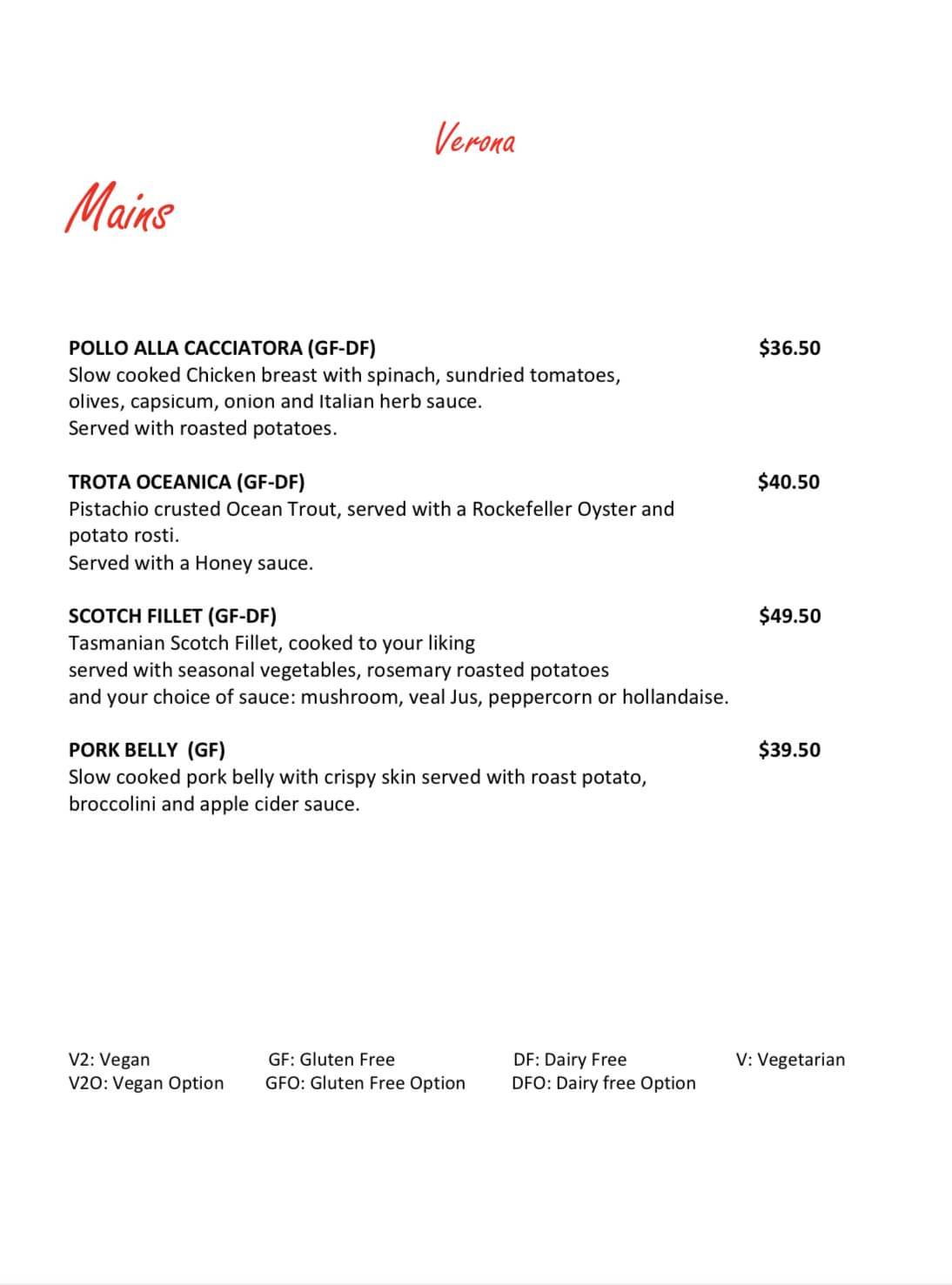 Menu at Verona Devonport restaurant, Devonport