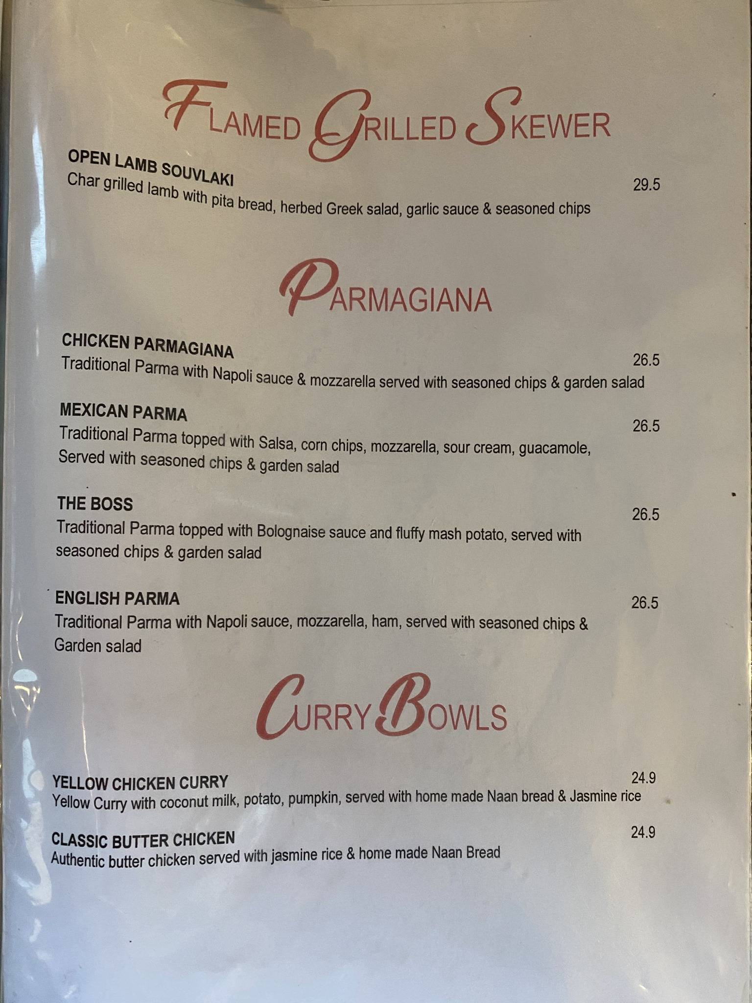 Menu at Phoenix and Co restaurant, Plenty
