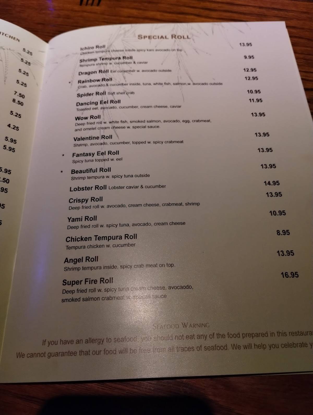 Menu at Ichiro restaurant, Dickson
