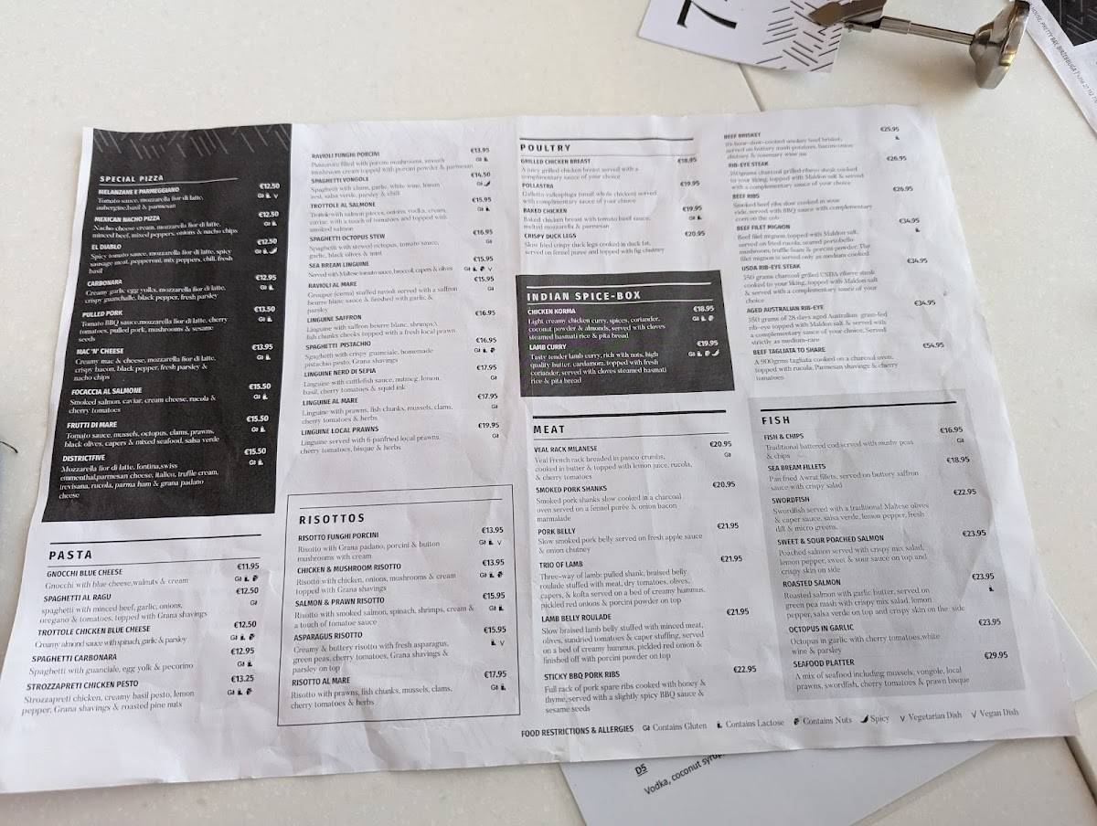 Menu at District Five restaurant, Birżebbuġa