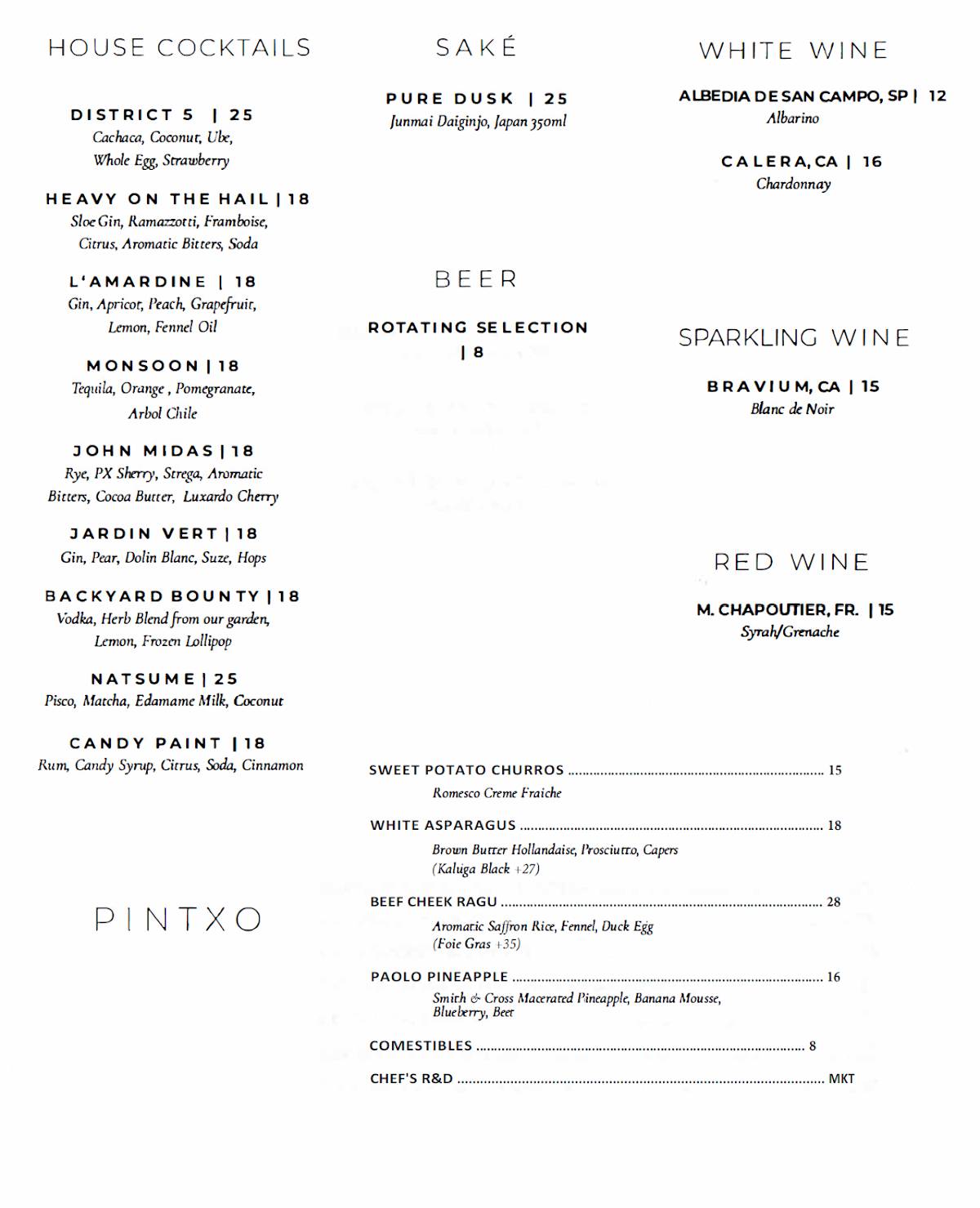 Carta del pub y bar Diversion Cocktails, Houston