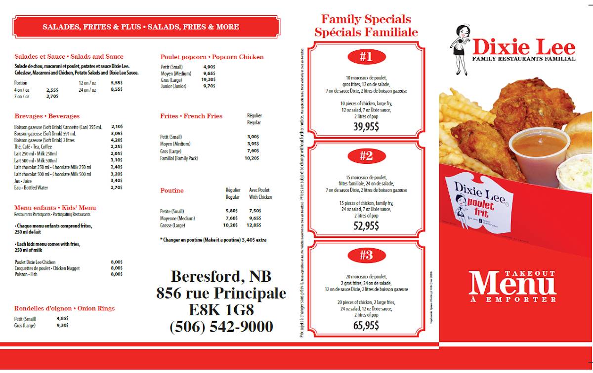 Menu at Dixie Lee Beresford restaurant, Beresford, 856 Rue Principale