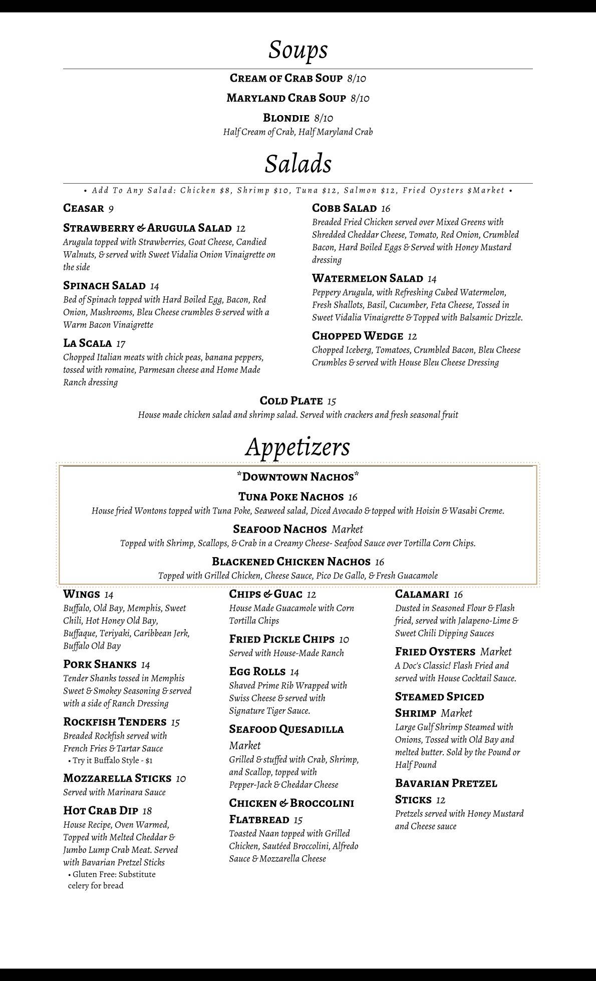 Menu at Doc's Downtown Grille restaurant, Easton