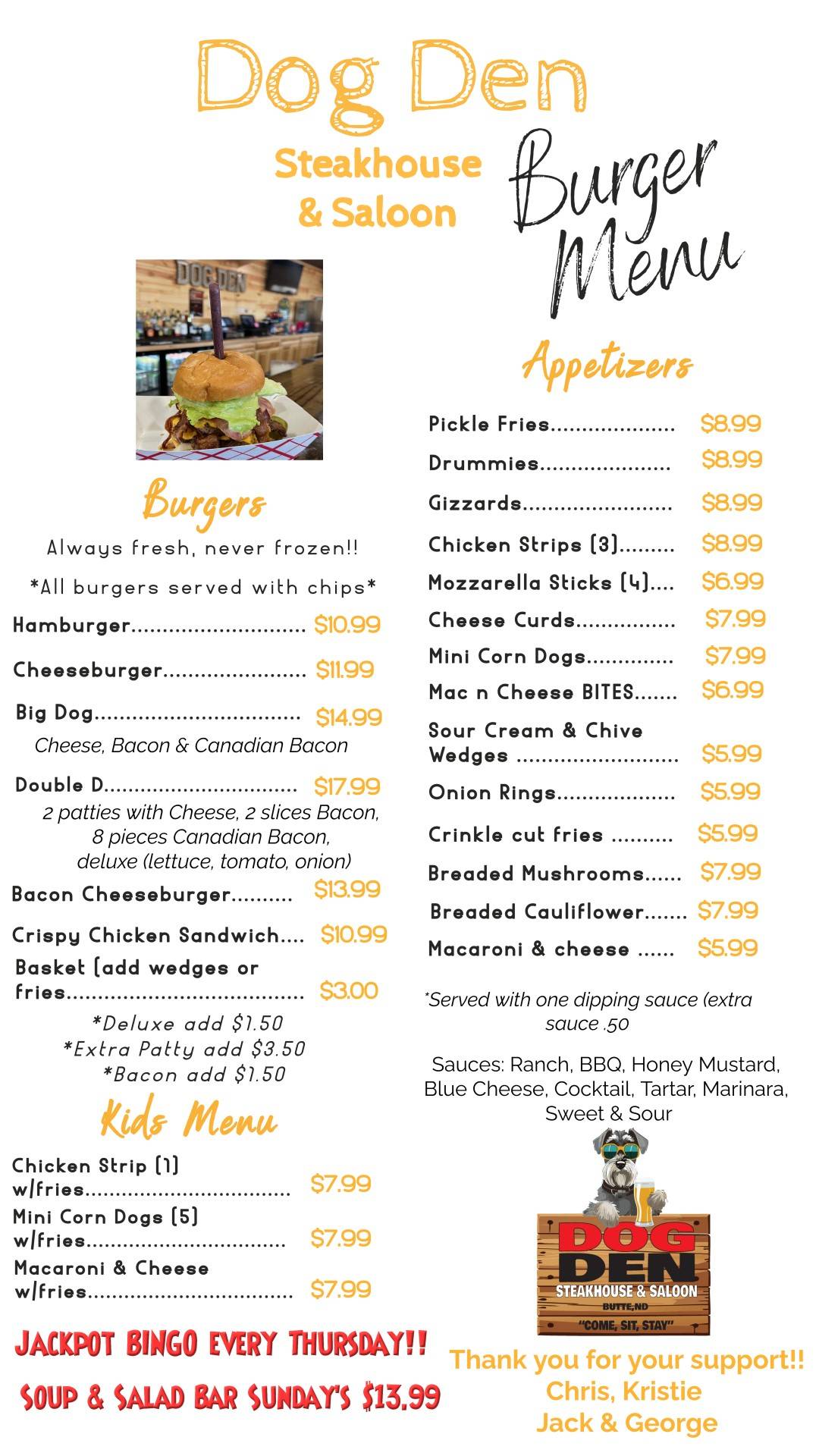 Menu at Dog Den Steakhouse & Saloon, Butte