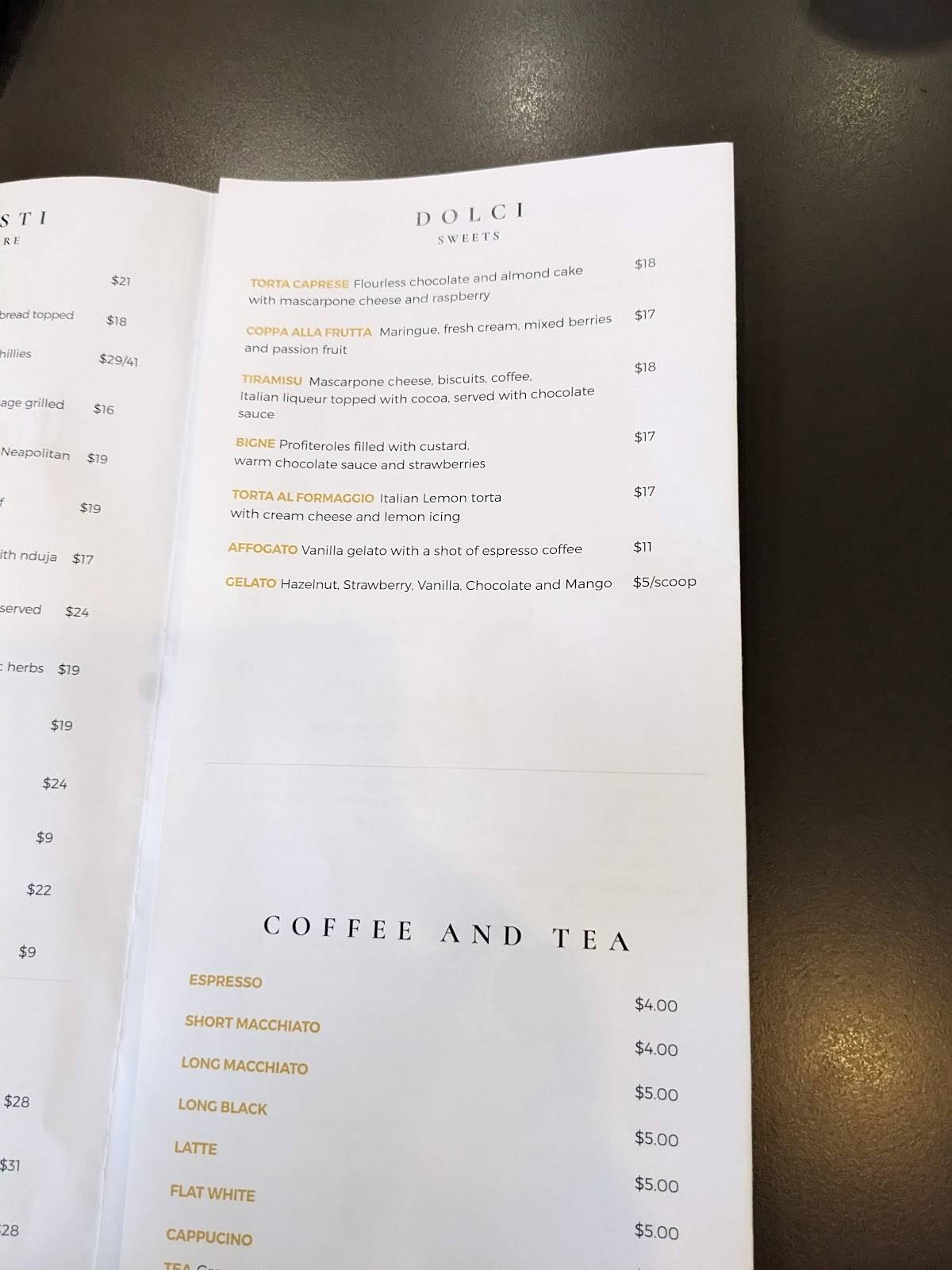 Menu at Dolce Bellissimo restaurant, Claremont
