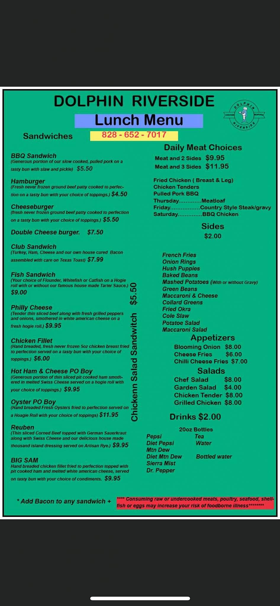 Menu at Dolphin Fish Camp restaurant, Marion