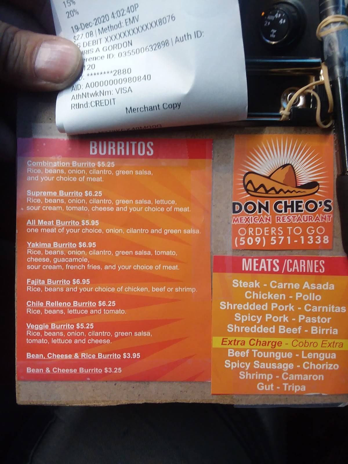Menu at Don Cheo’s restaurant, Yakima