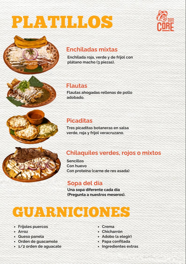 Carta del restaurante Don Core, Ciudad del México