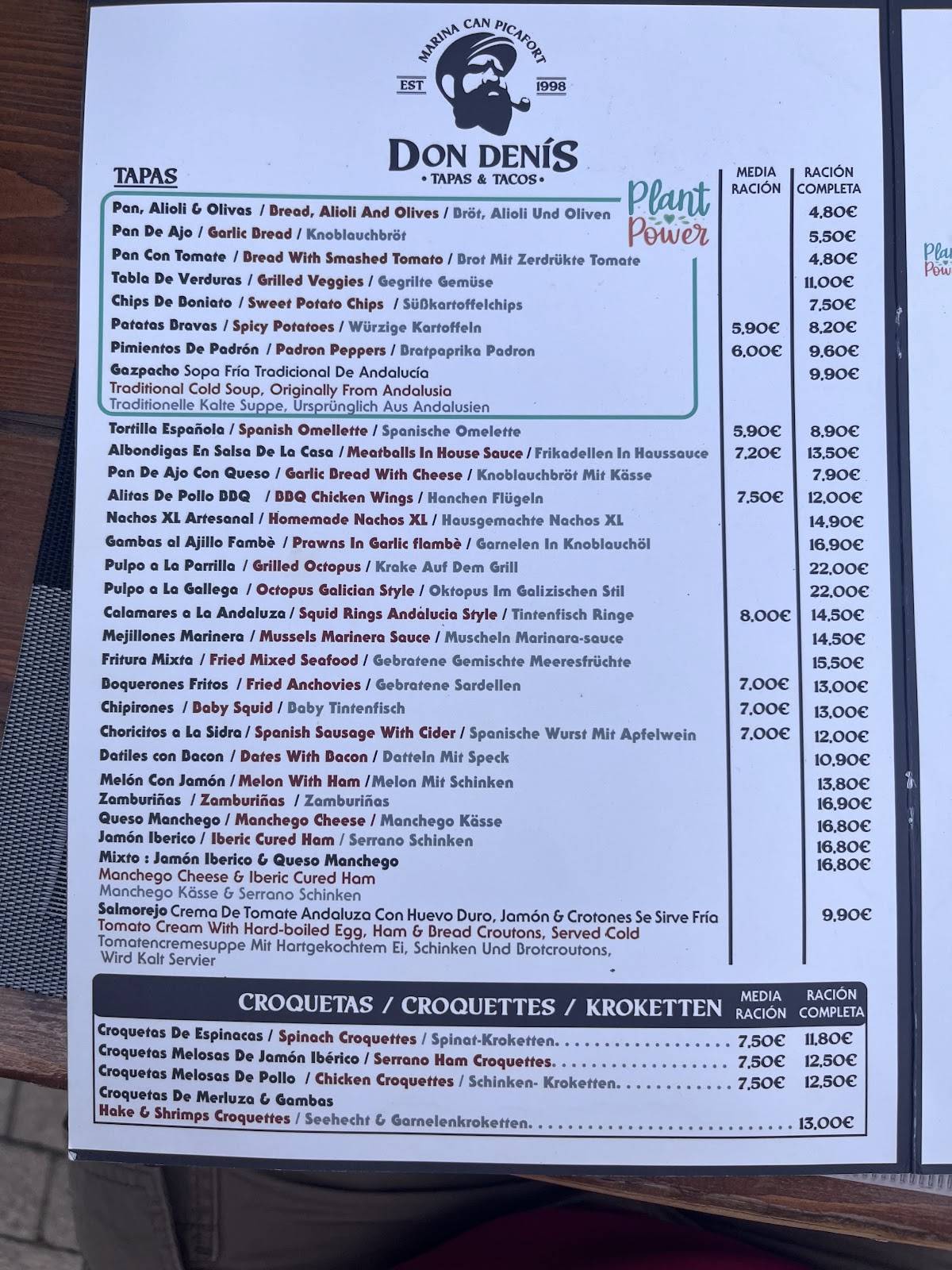 Menu at Don Denis restaurant, Can Picafort, Carrer Enginyer Felicià Fuster