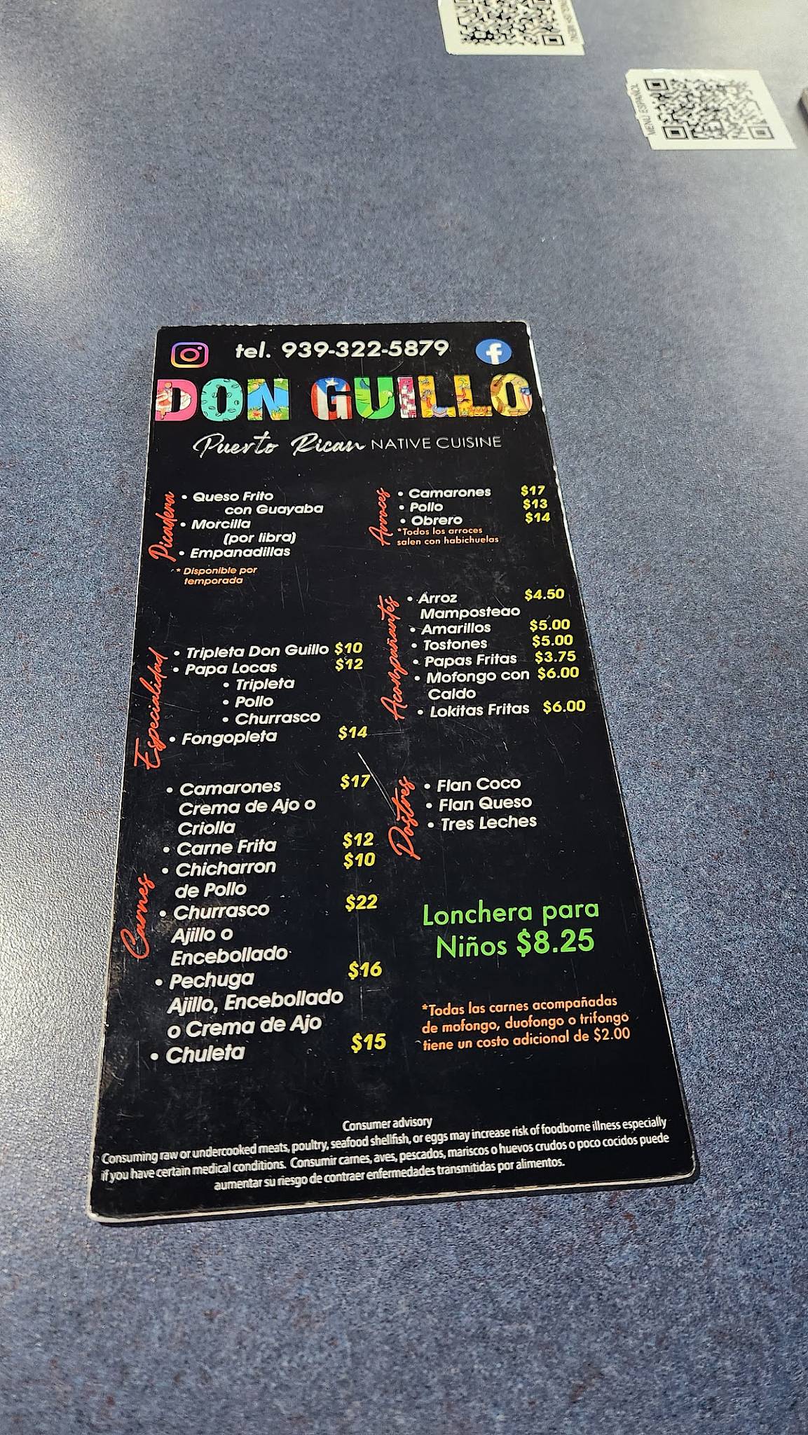 Menu at Don Guillo Puerto Rican Native Cuisine restaurant, Colorado Springs