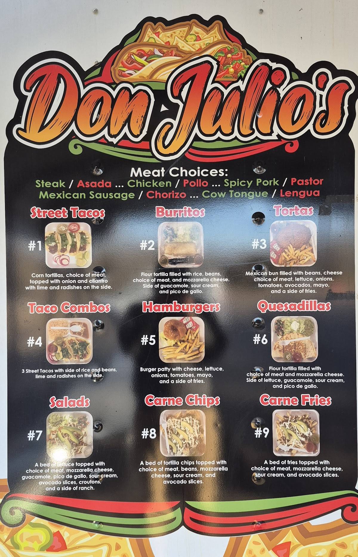 Menu at Don Julios Tacos restaurant, Muskogee