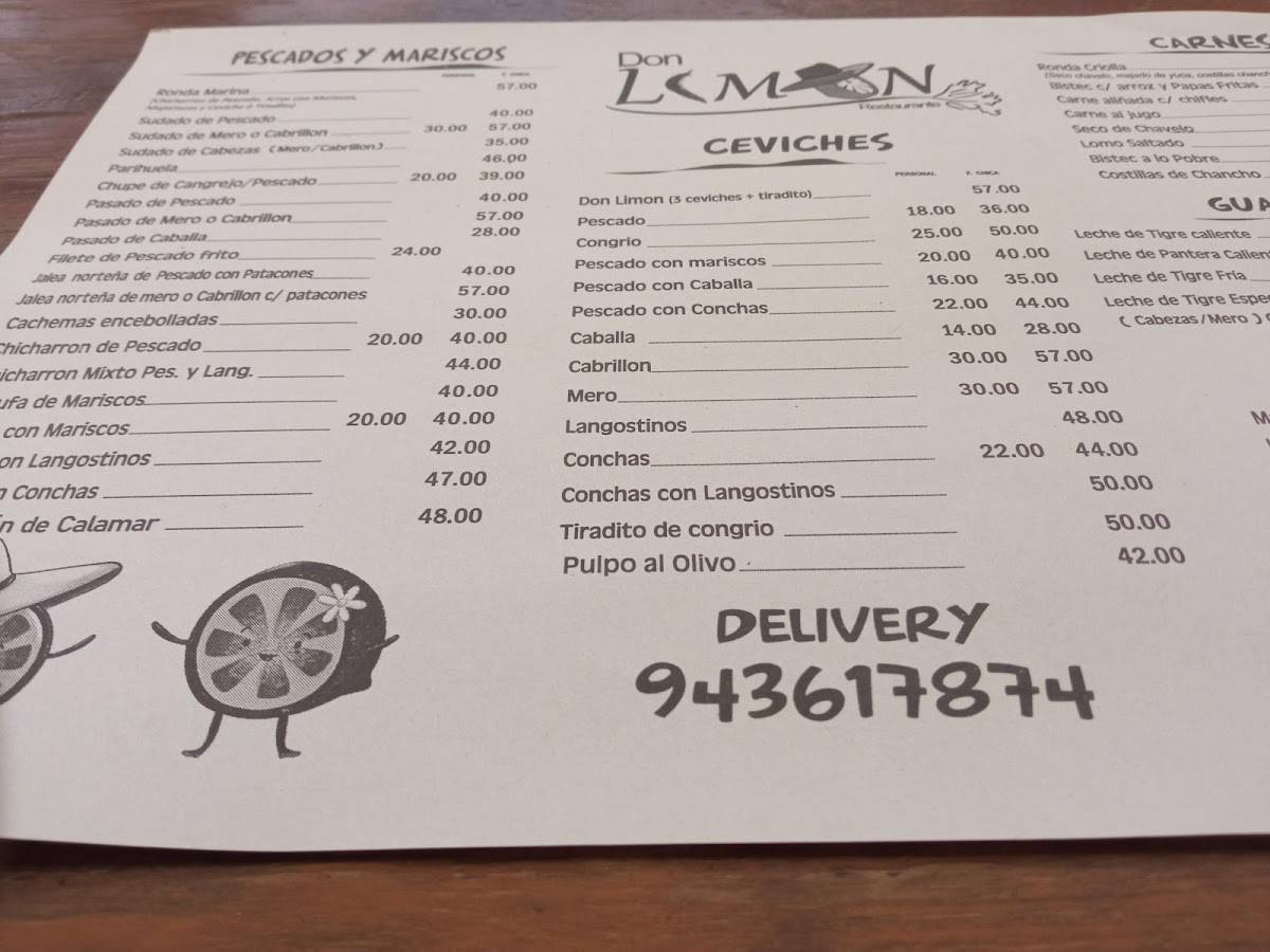 Carta de Don Limón Restaurante, Sullana