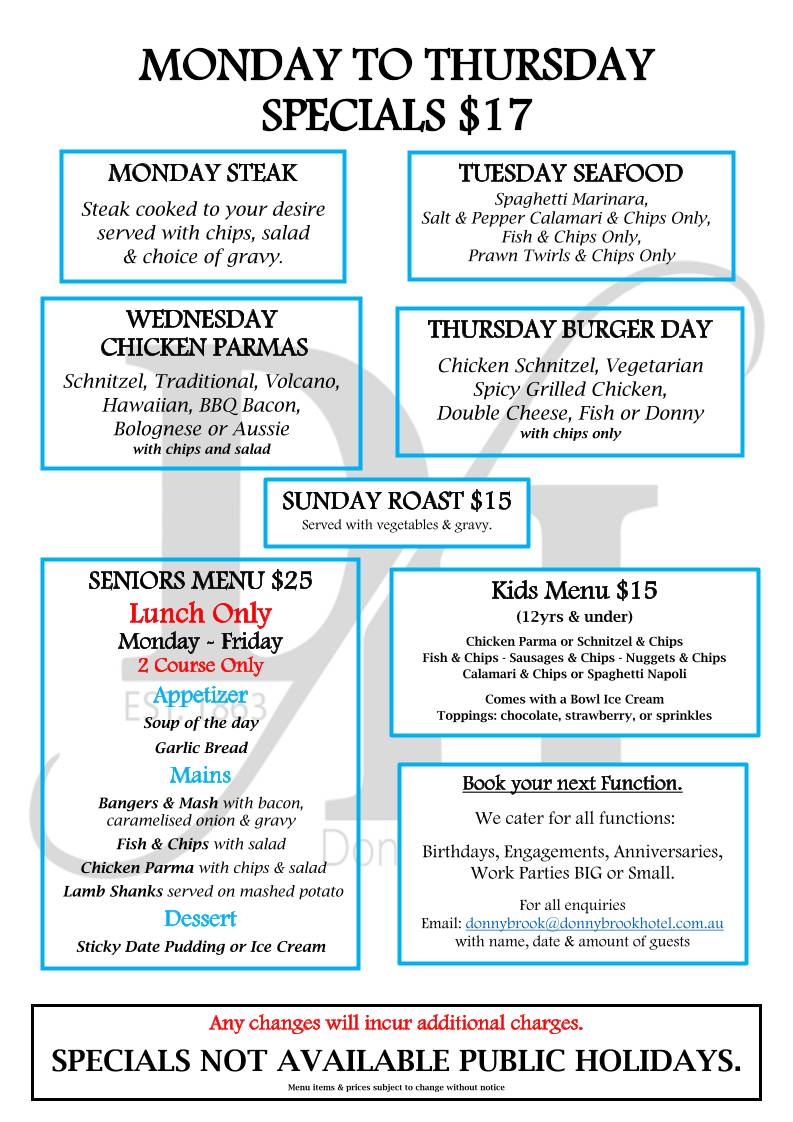 Menu at Donnybrook Hotel pub & bar, Donnybrook