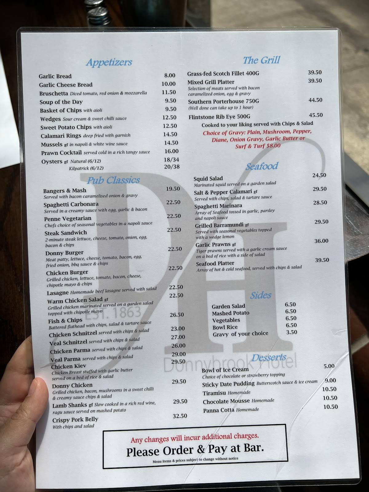 Menu at Donnybrook Hotel pub & bar, Donnybrook