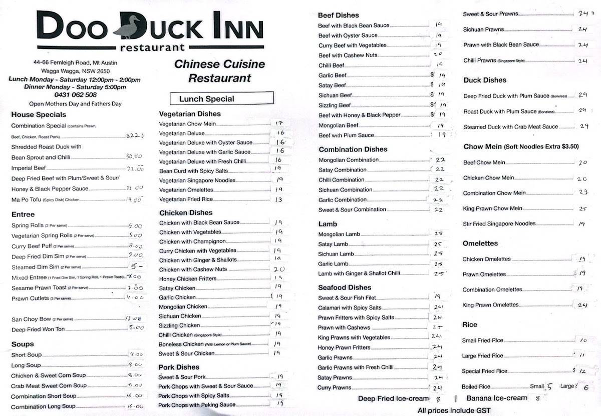 Menu at Doo Duck Inn restaurant, Wagga Wagga, Shop 1/44-66 Fernleigh Rd