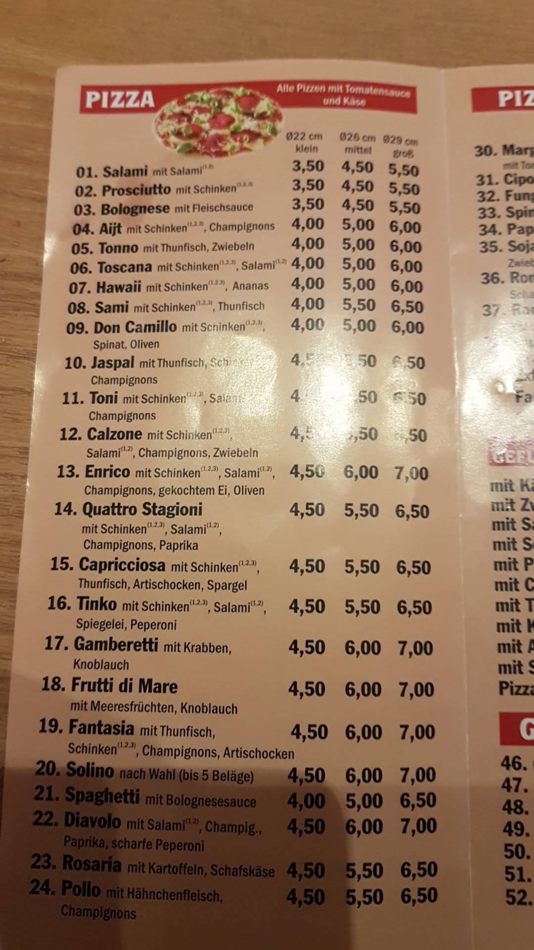 Speisekarte von Pizzeria Solino, Dortmund