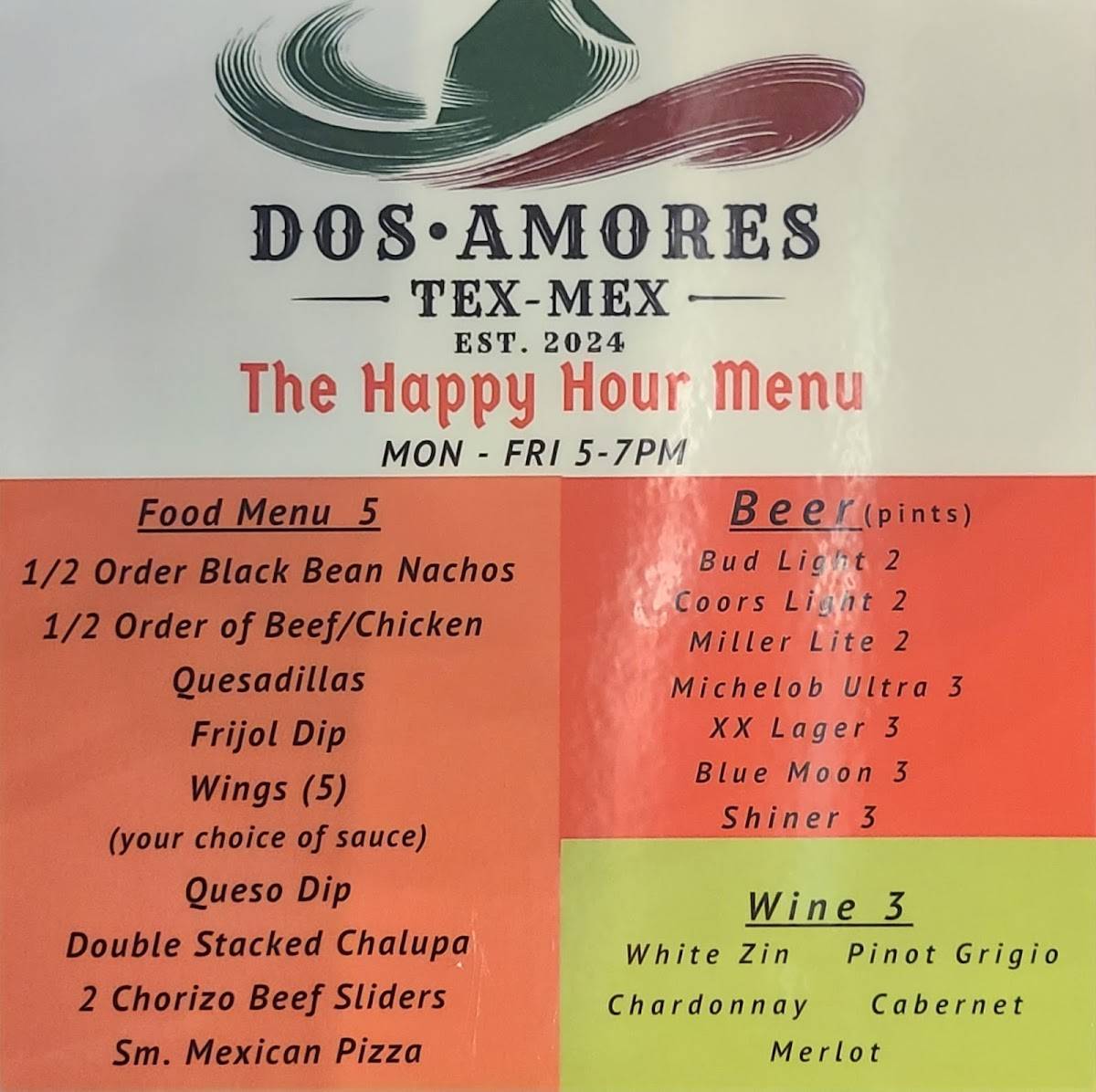 Menu at Dos Amores Tex Mex & Lounge restaurant, Hurst