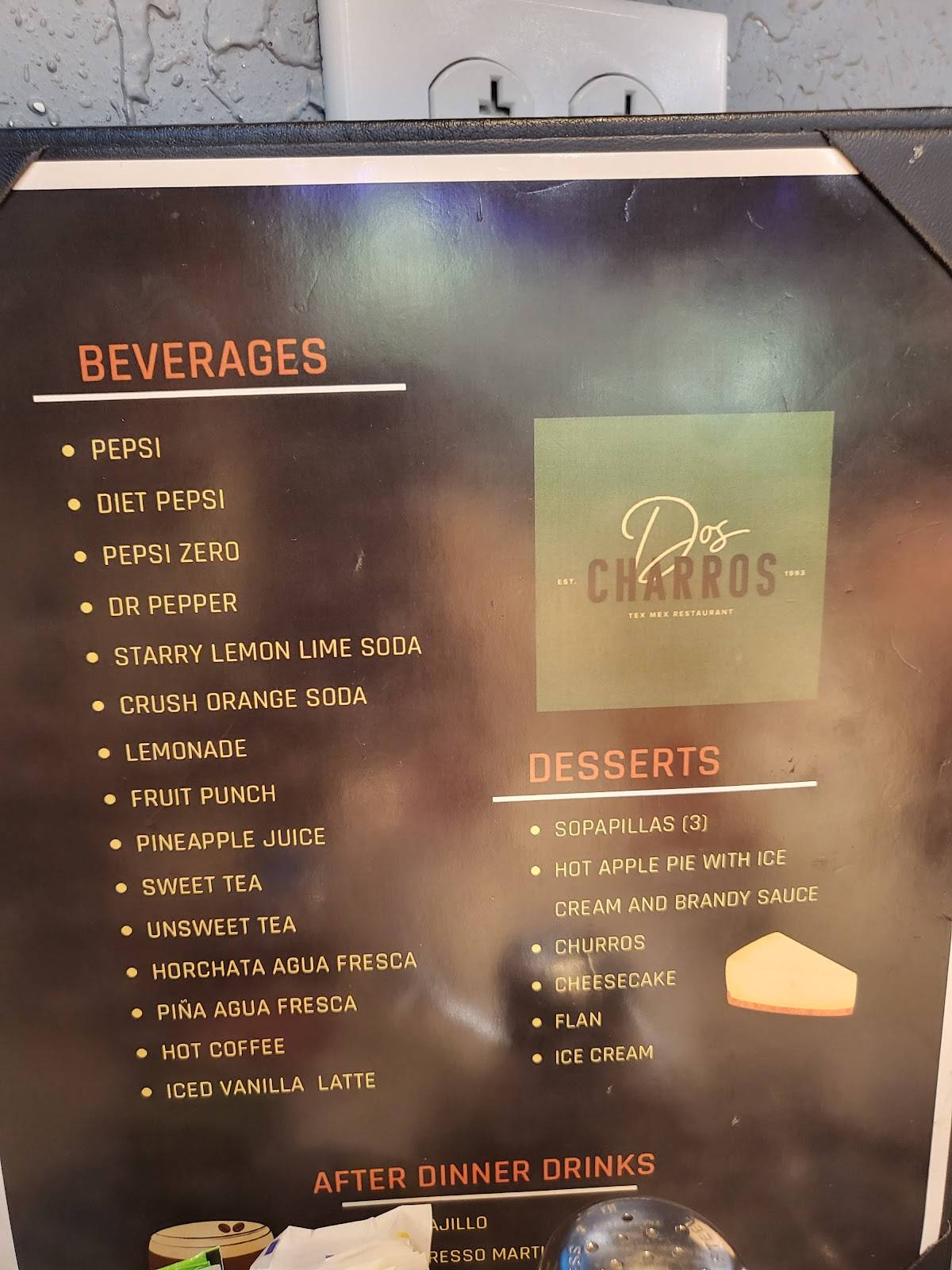 Menu at Dos Charros Tex Mex restaurant, Sunnyvale