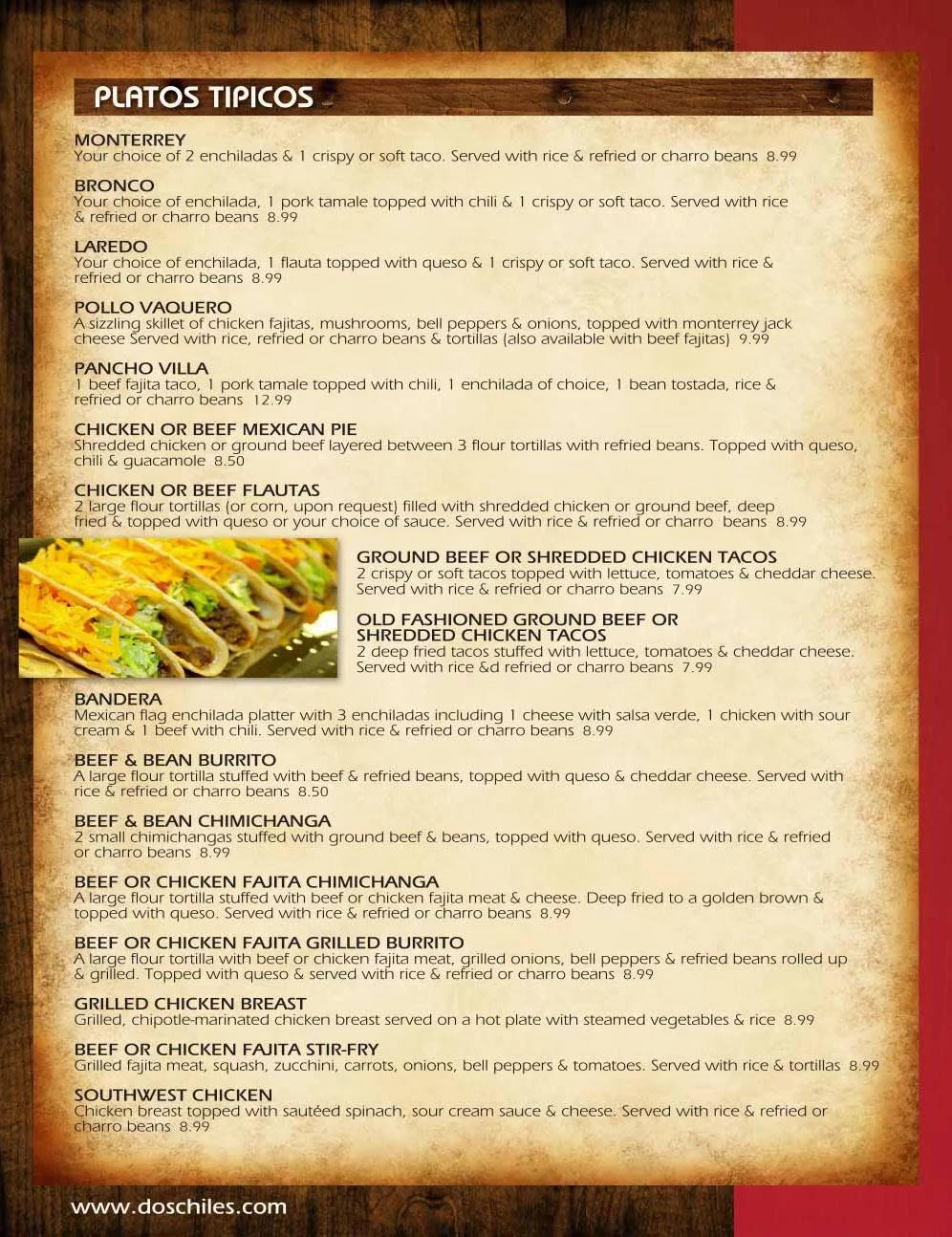 Menu at Dos Chiles Grandes restaurant, Bridgeport