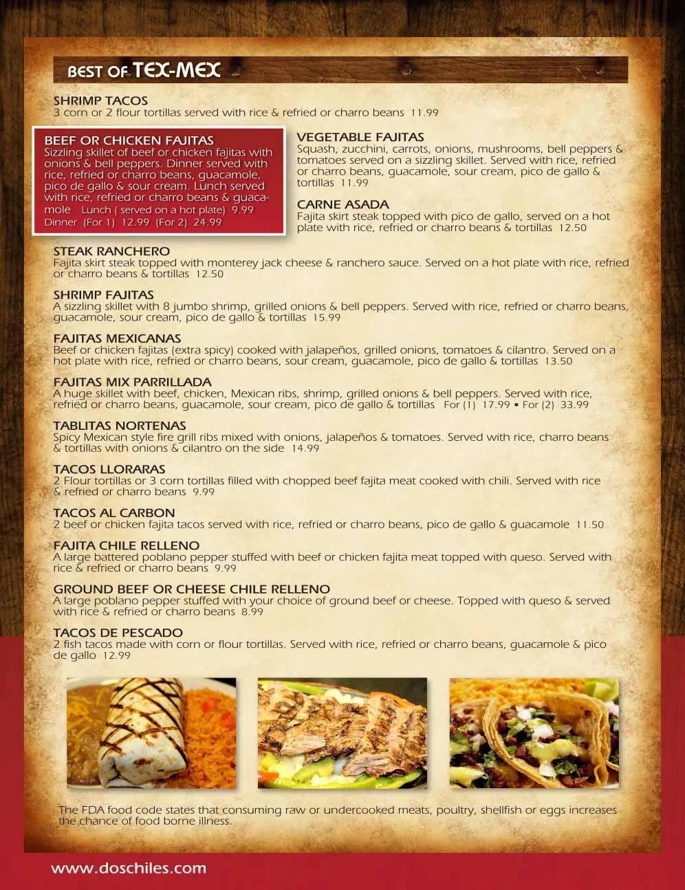 Menu at Dos Chiles Grandes restaurant, Bridgeport