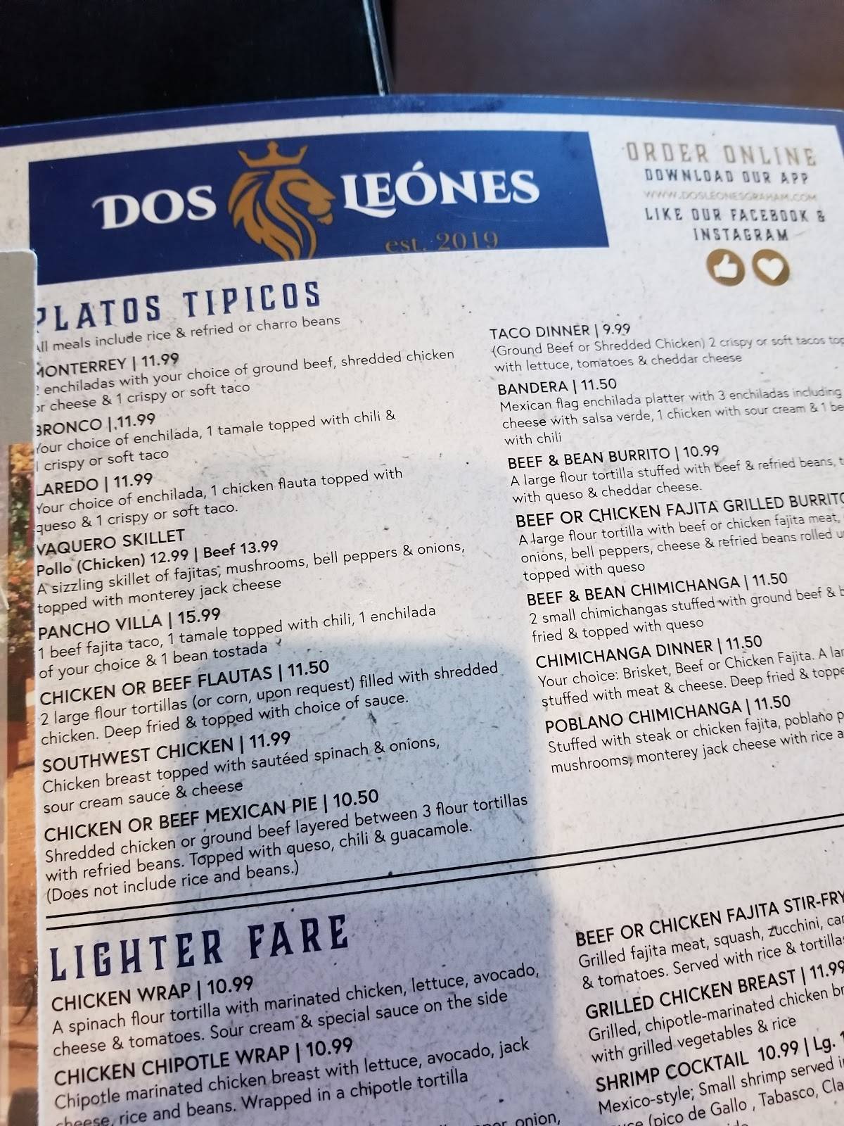 Menu at Dos Leones restaurant, Graham, TX-16