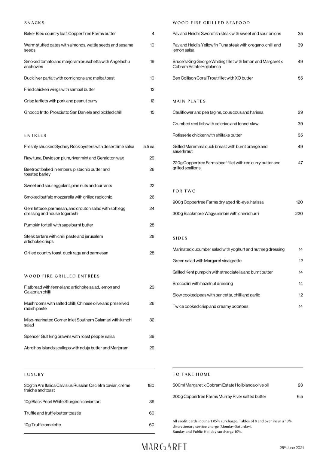 Menu at Margaret restaurant, Double Bay