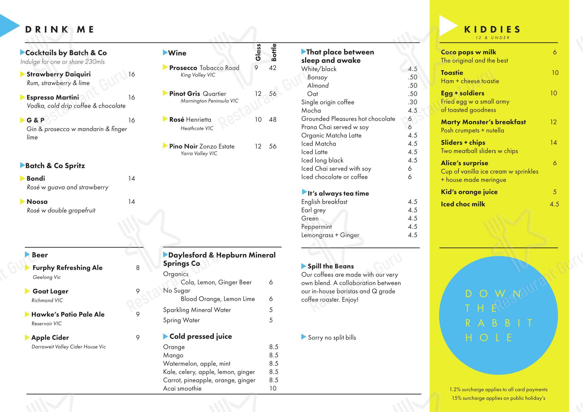 Menu at Down The Rabbit Hole Cafe, Templestowe
