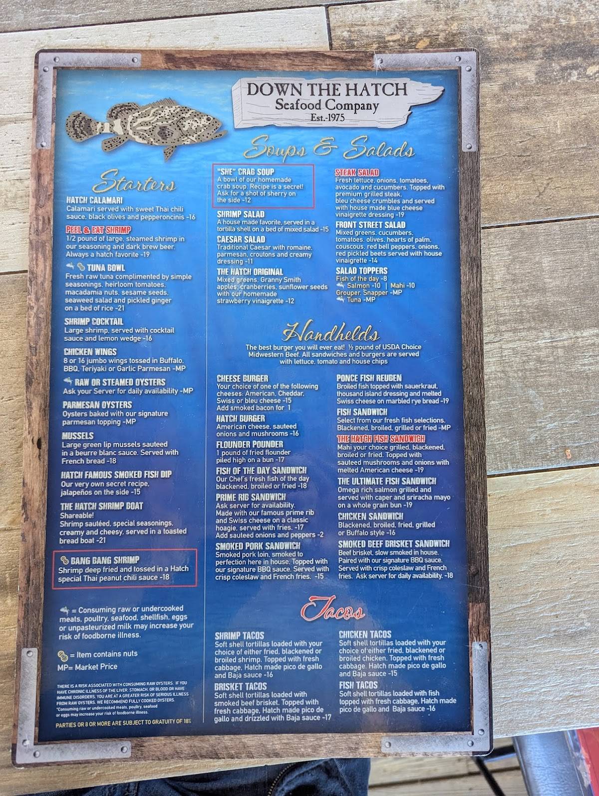 Menu at Down the Hatch Seafood Company pub & bar, Ponce Inlet, Front St