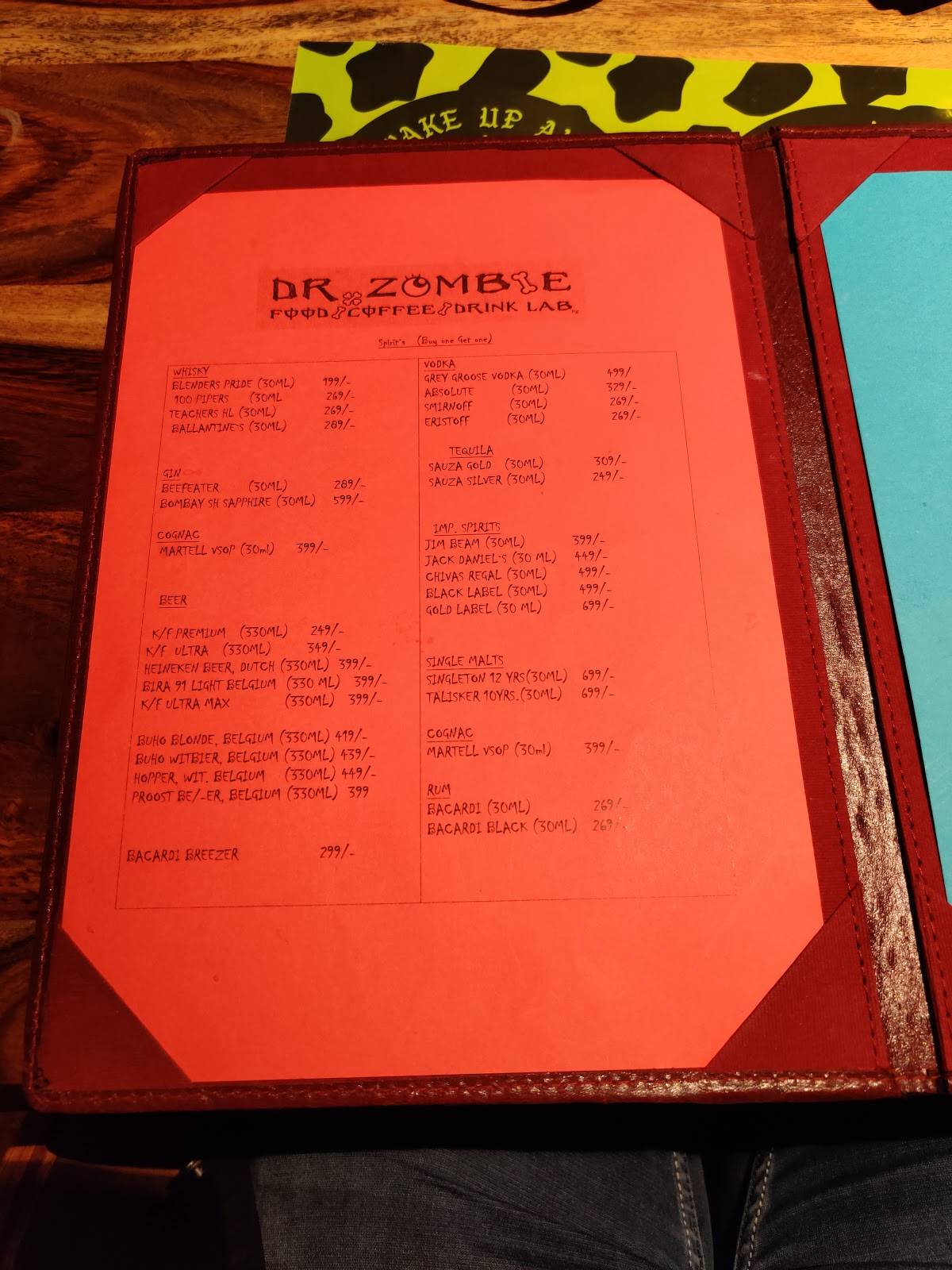 Menu at Dr.Zombie, New Delhi