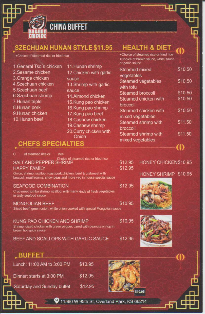 Menu at Dragon Empire Chinese Buffet restaurant, Overland Park