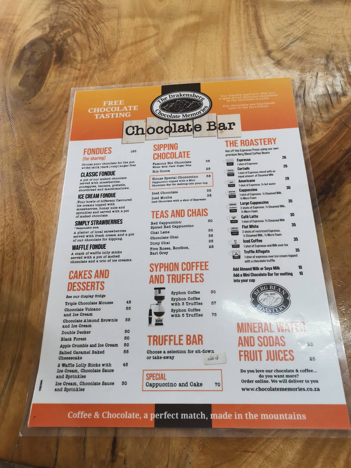 Menu at Drakensberg Chocolate Memories cafe, Cathkin Park